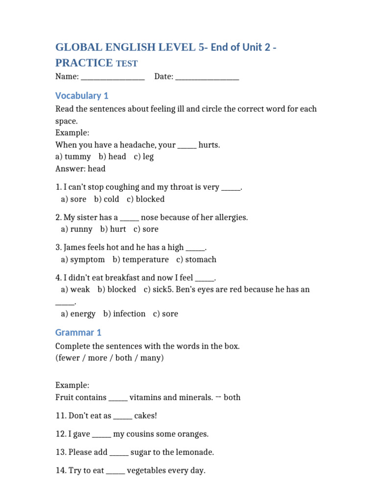 Golobal English Level 5 - End of Unit 2 - Practice Test | PDF