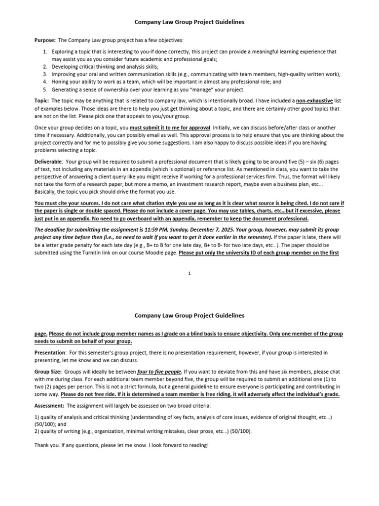 Company Law Group Project Guidelines (Fall 2025) | PDF | Corporate ...