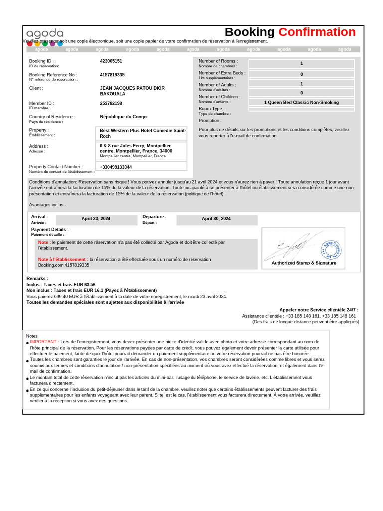 Confirmation de réservation Agoda 2024 | PDF
