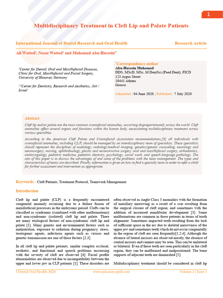 Multidisciplinary Treatment in Cleft Lip | PDF | Dentistry | Medical ...