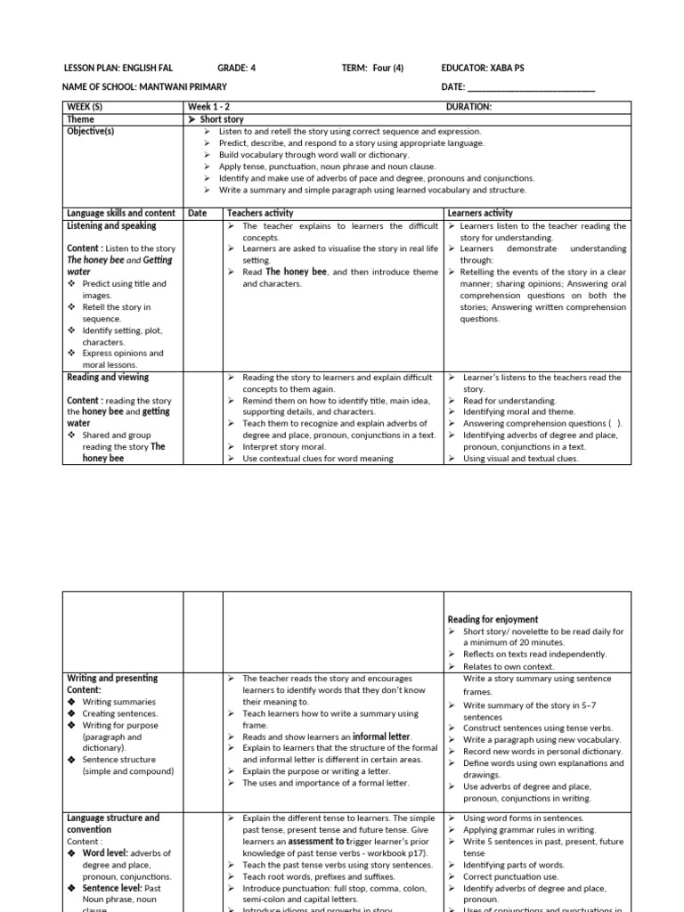 English Lesson Plan Term 4 | PDF | Poetry | Reading Comprehension