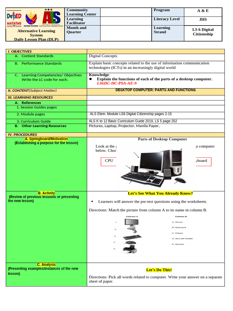 2-DESKTOP COMPUTER-PARTS AND FUNCTIONS-DLP | PDF | Learning | Input/Output
