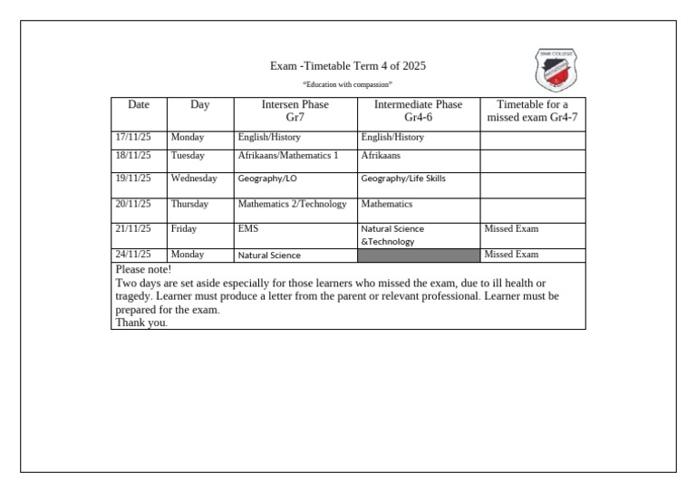 Final Exam Timetable Term4 2025 | PDF