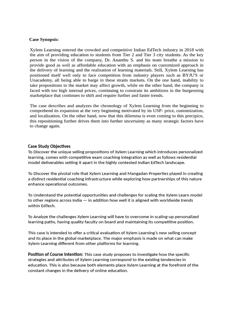 XYLEM Case Study Teaching Notes 12sept 2024 | PDF | Educational ...