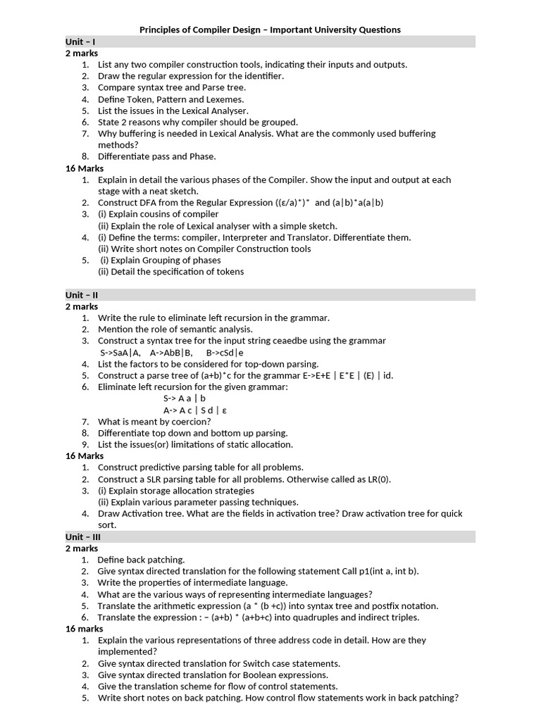 Compiler Design Questions and Concepts | PDF | Parsing | Compiler