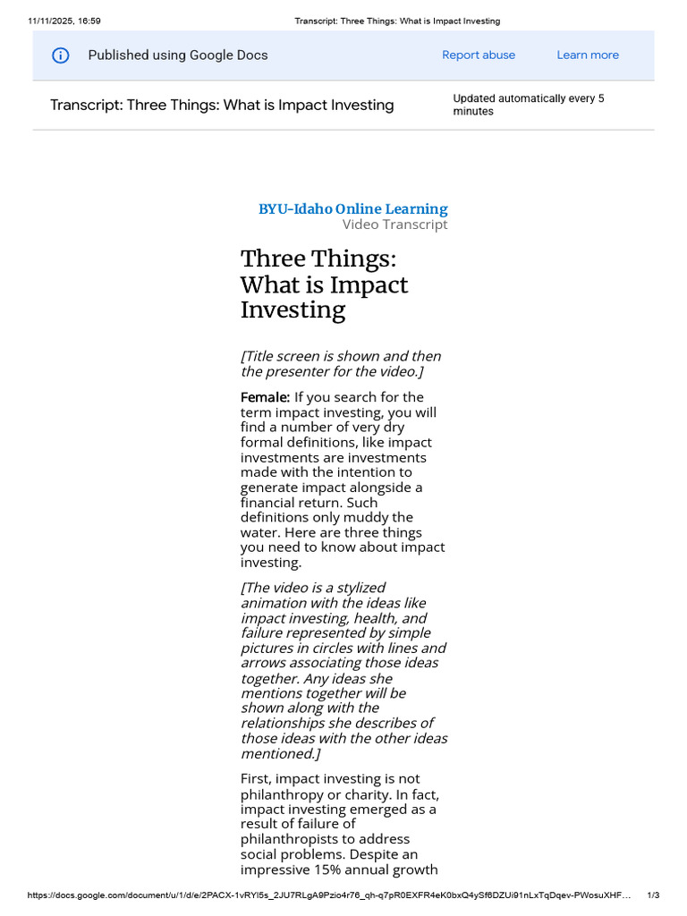 w11 Transcript - Three Things - What Is Impact Investing | PDF ...