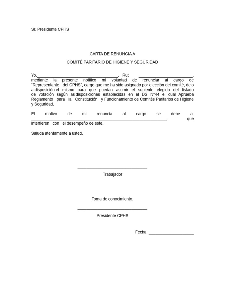 Renuncia al Comité Paritario de Seguridad | PDF