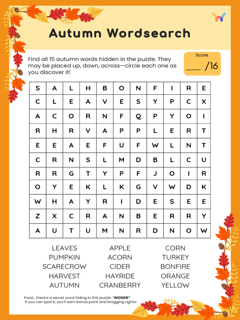 Autumn Wordsearch Puzzle Challenge | PDF