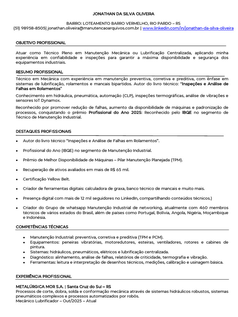 Currículo Jonathan Oliveira 2025 | PDF | Engenharia Mecânica