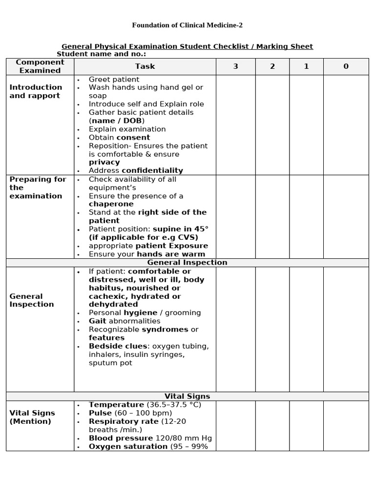 Clinical Medicine Physical Exam Checklist | PDF | Physiology | Medical ...
