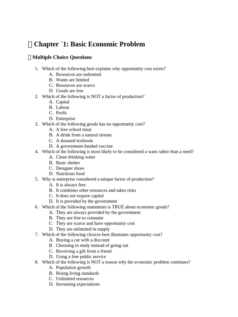 ? Chapter 1 MCQs Basic Eco Problem | PDF | Opportunity Cost | Capital ...