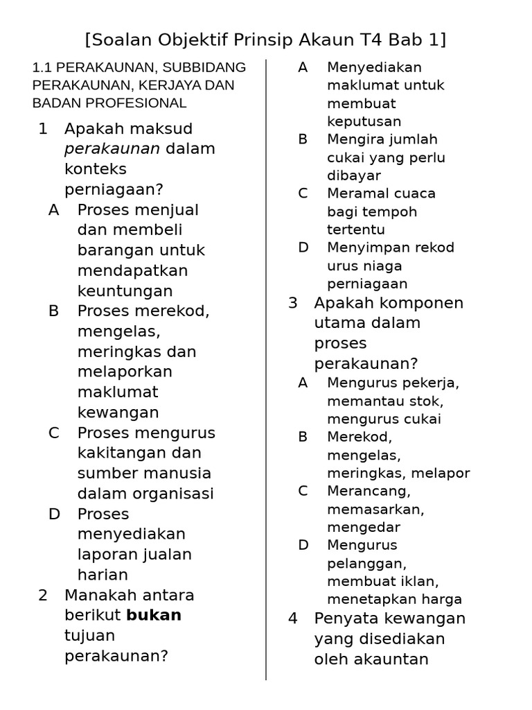 Akaun T4 Bab 1 Soalan Objektif | PDF