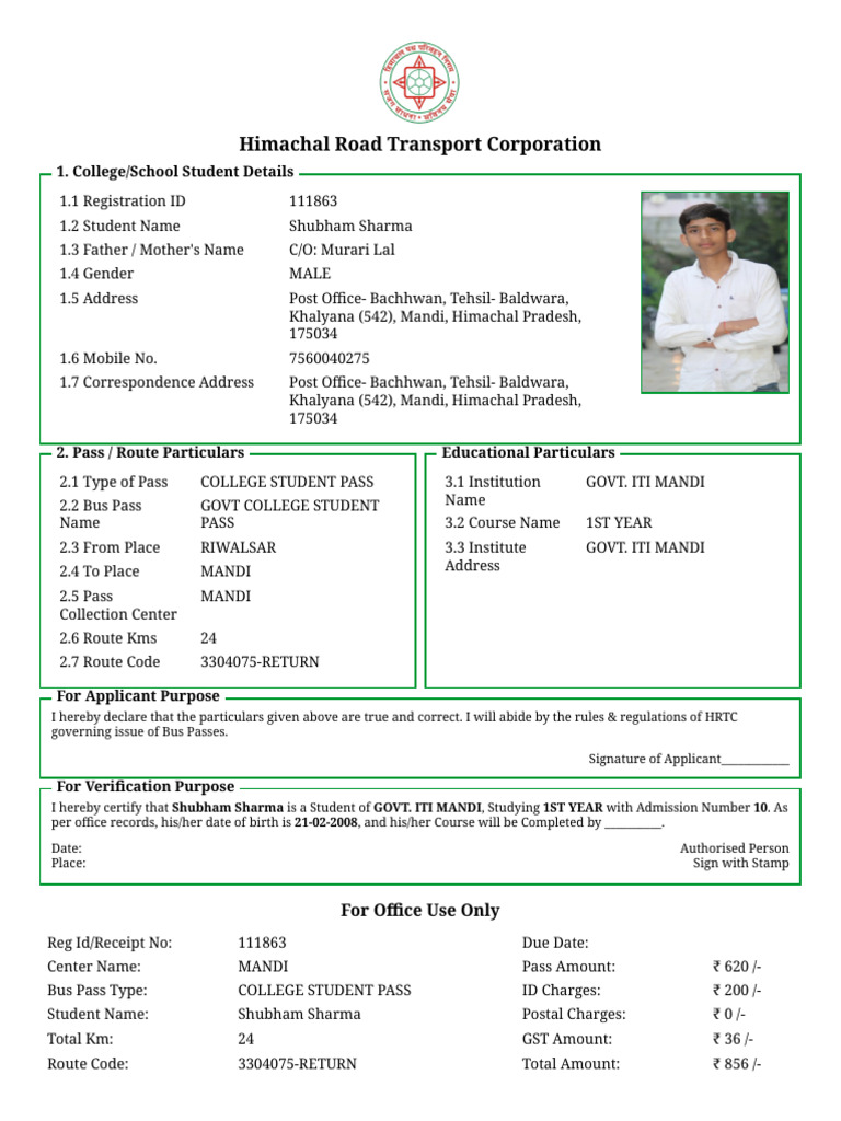 Bus Pass - HRTC | PDF | Bus Transport | Transport