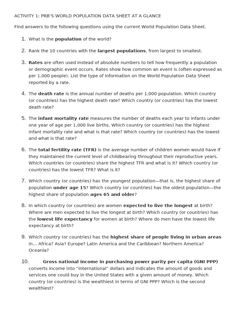 Activity 1 - Prb's World Population Data Sheet at A Glance | PDF ...