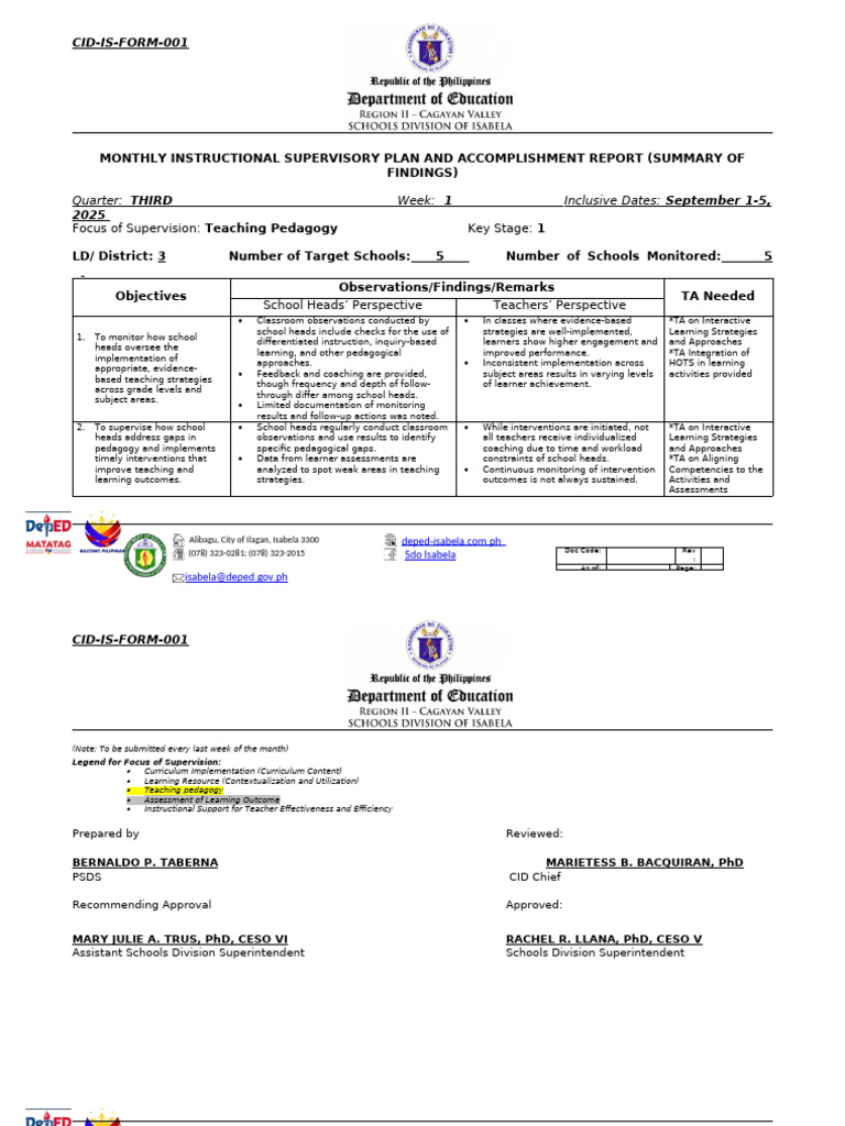ISON Findings Consolidation Form Week 1 (September 1-5) | PDF ...