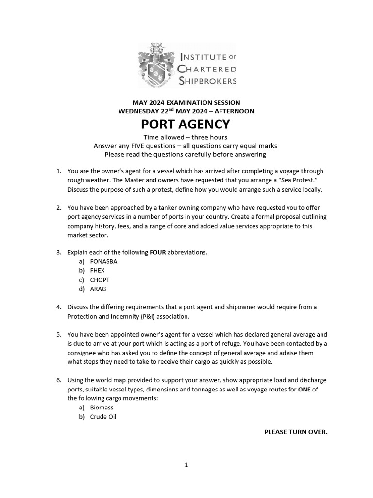 Port Agency May 2024 Exam | PDF | Port | Shipping