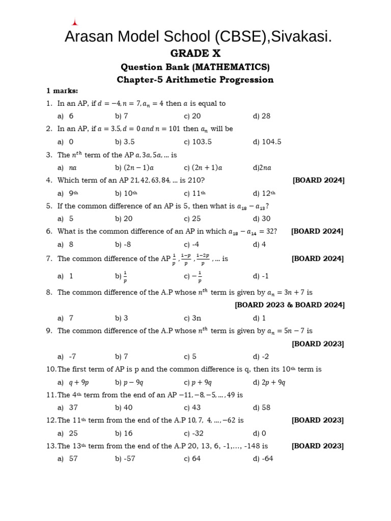 Grade X Mathematics: Arithmetic Progression Questions | PDF ...