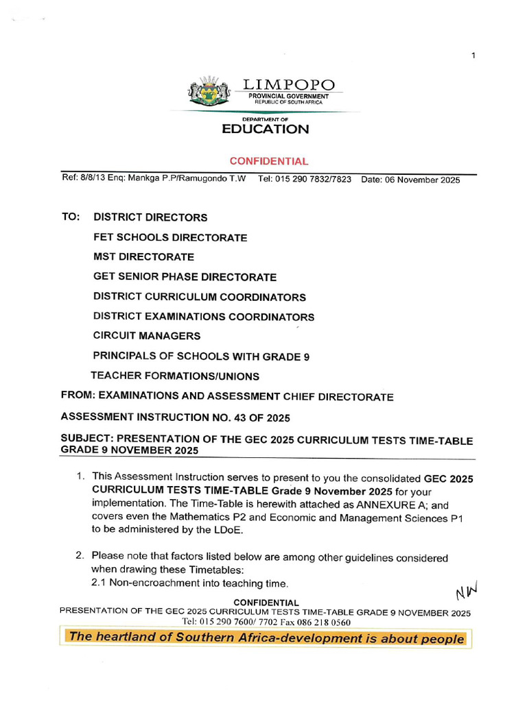 2025 GEC Grade 9 Tests Timetable | PDF