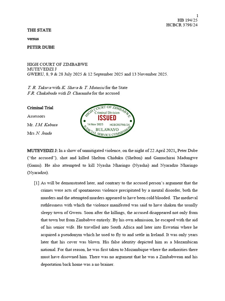 The State V Peter Dube Hb194-25 - Signed | PDF | Insanity Defense