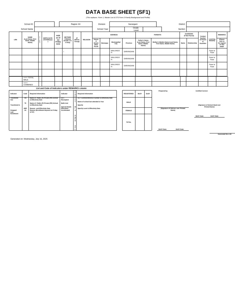 Data Base Sheet | PDF