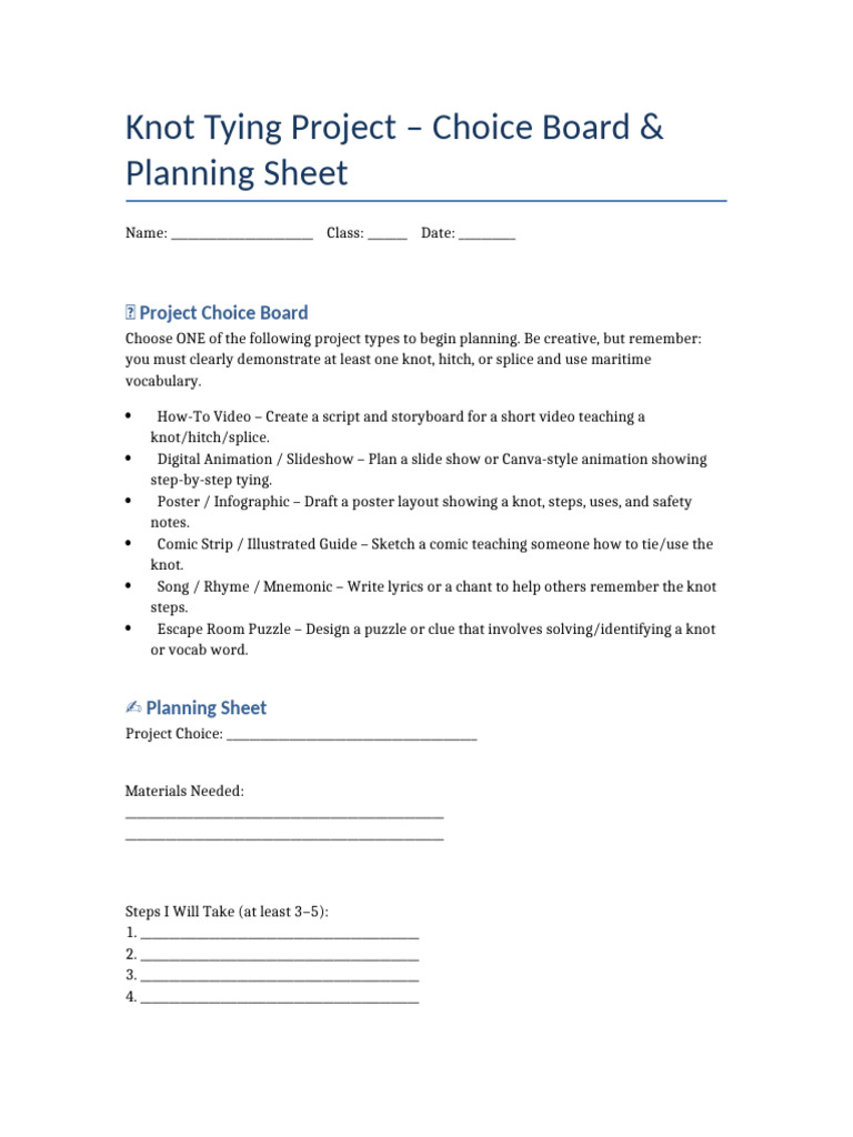 Knot Tying Project ChoiceBoard PlanningSheet | PDF