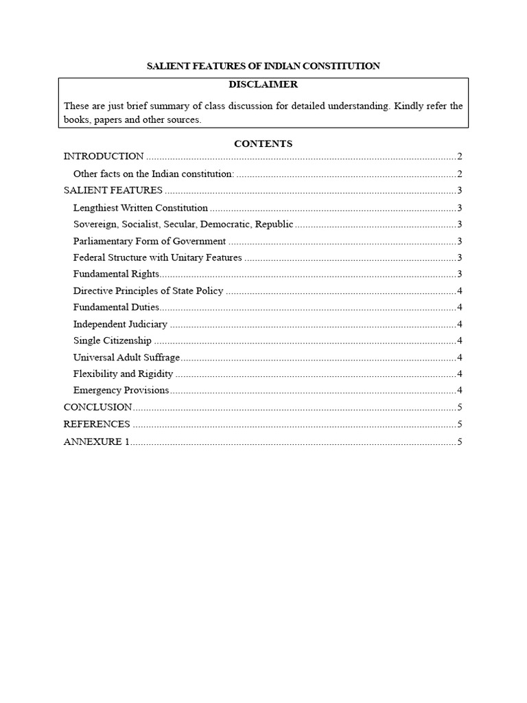 Salient Features of Indian Constitution | PDF | Constitution | Citizenship