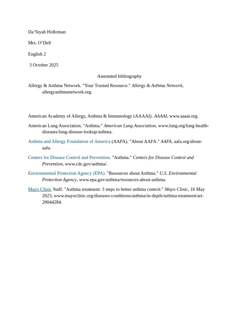 Asthma Resources: Annotated Bibliography | PDF