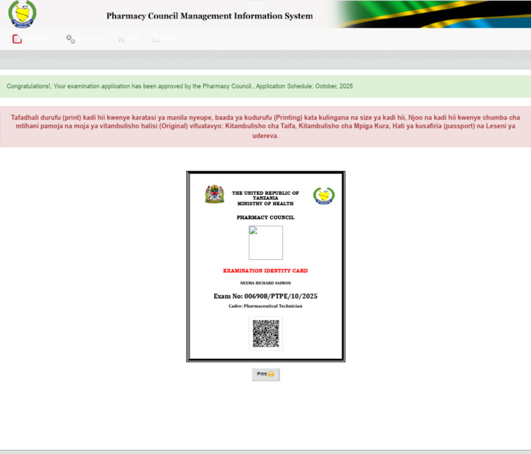Print Examination Card | PDF