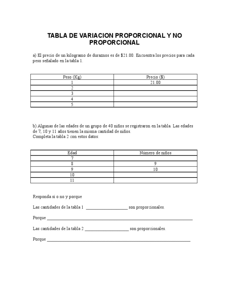 Tabla de Variacion Proporcional y No Proporcional | PDF