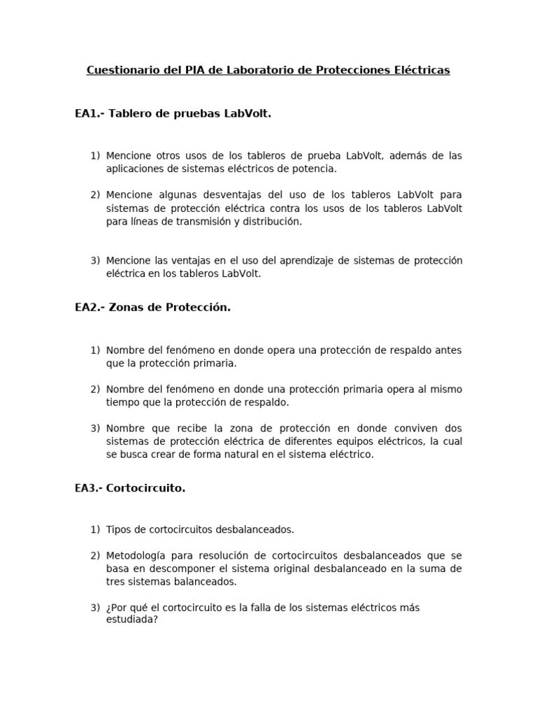 EA7.- Cuestionario Del PIA de Laboratorio de Protecciones Eléctricas (1) | PDF
