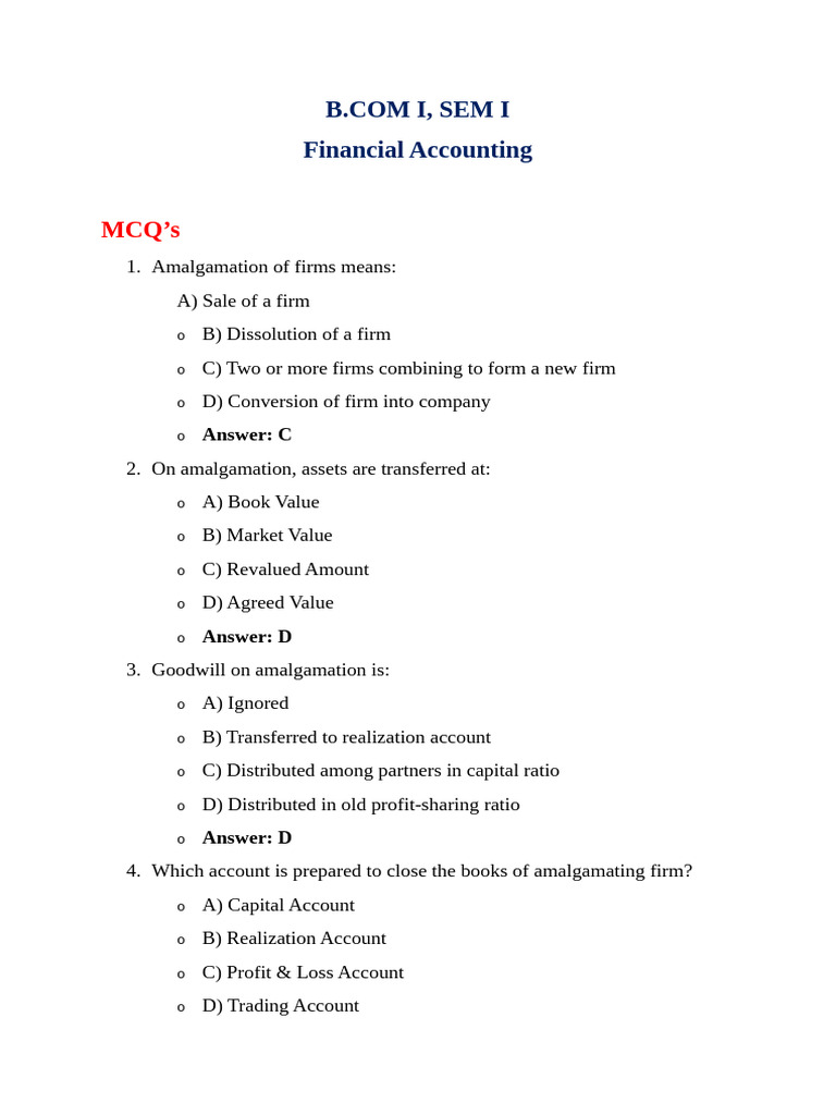 Financial Accounting MCQs on Amalgamation | PDF | Debits And Credits ...