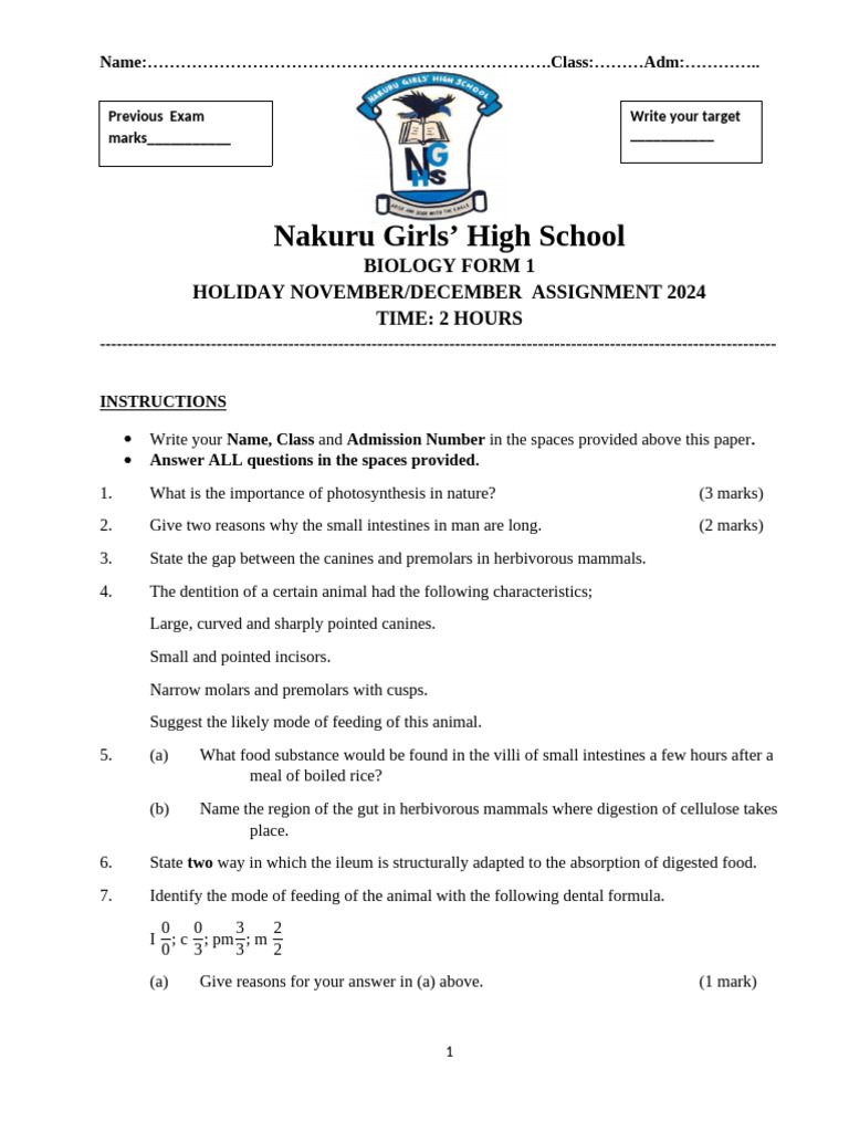 BIOLOGY FORM 1 ASSIGNEMENT | PDF | Digestion | Tooth