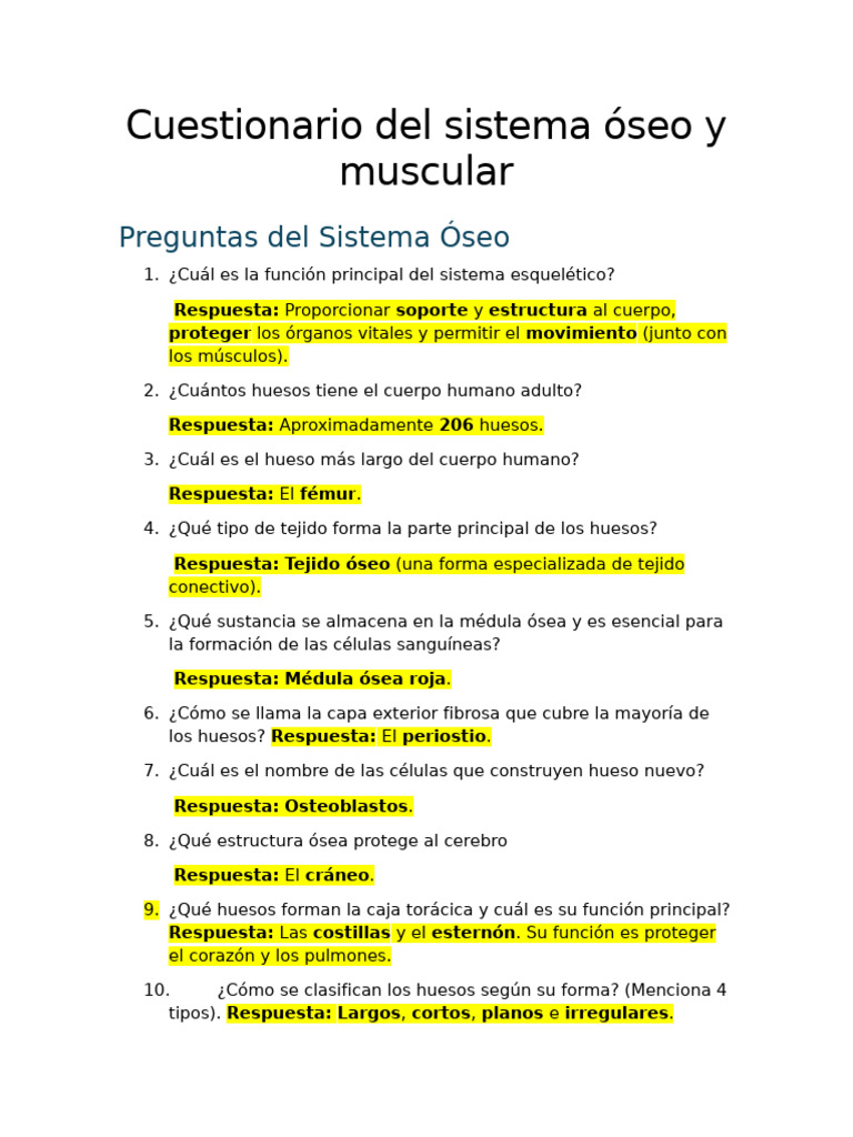 Cuestionario sobre Sistema Óseo y Muscular | PDF | Hueso | Músculo