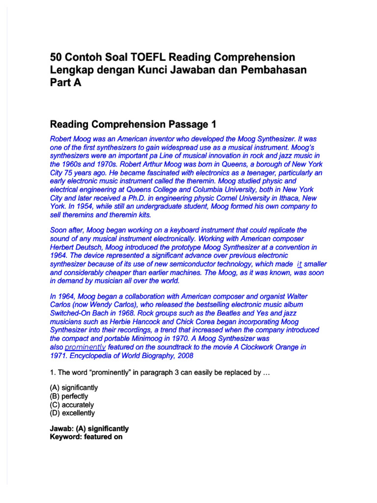 50 TOEFL Reading Comprehension Questions | PDF | Synthesizer | Oral Hygiene