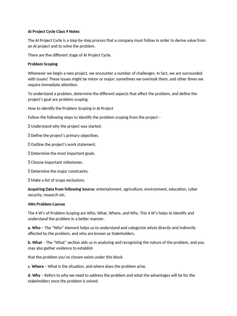 AI Project Cycle Overview for Class 9 | PDF | Data | Artificial ...