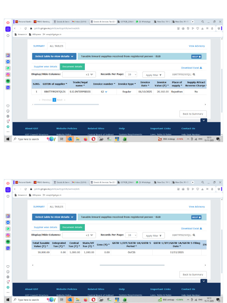SG Enterprises Bill No 62 DT 06.10.2025 Itc Not Utilized in GST Portal ...