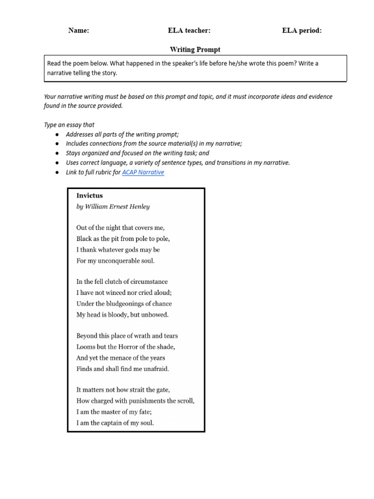 Narrative Essay Invictus - 18175583 | PDF