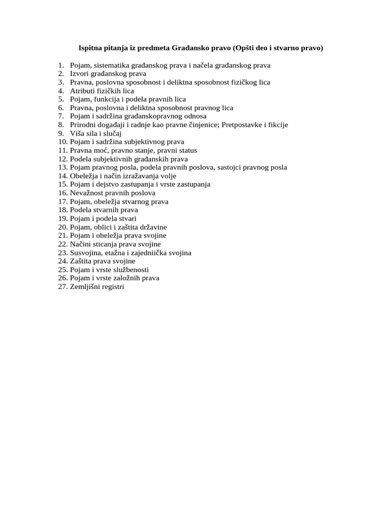 Ispitna Pitanja Iz Predmeta Građansko Pravo BL | PDF