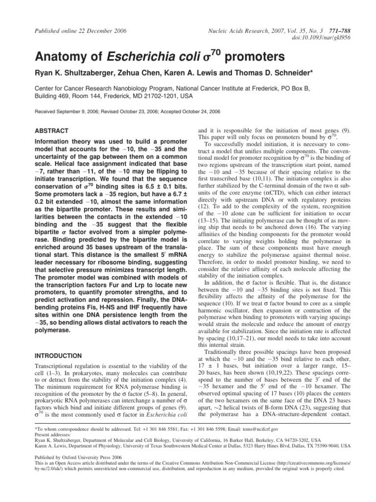 Anatomy of Escherichia Coli σ70 Promoters | PDF | Promoter (Genetics) | Dna