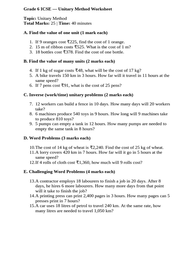 Grade 6 ICSE Unitary Method Worksheet | PDF