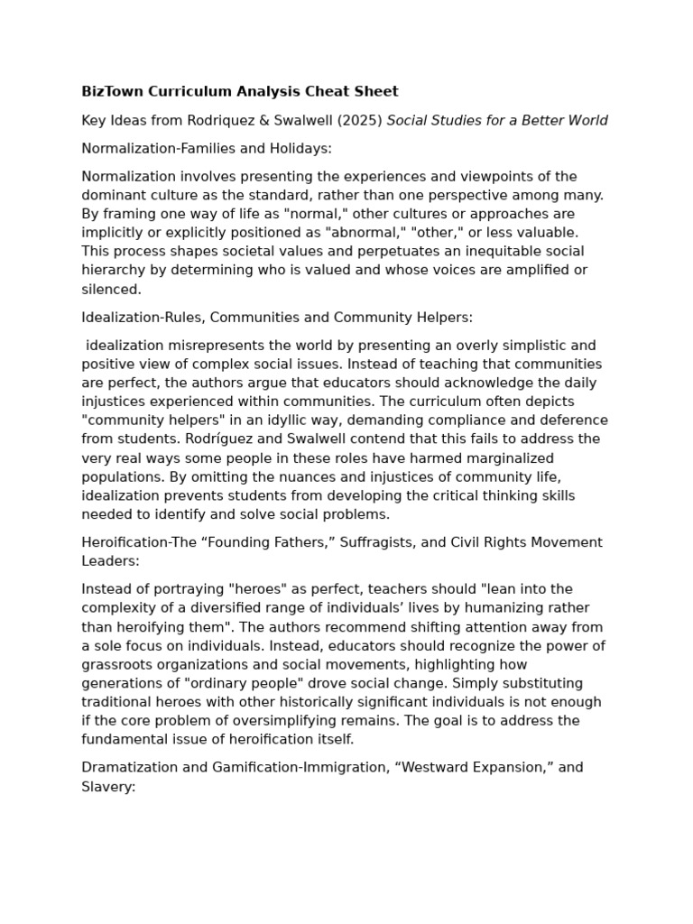 Social Studies BizTown Curriculum Analysis Cheat Sheet | PDF | Curriculum
