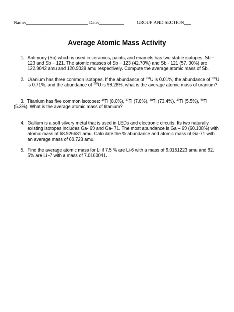 Average Atomic Mass Activity With Example | PDF