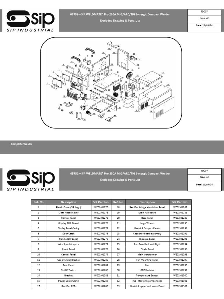 SIP WELDMATE Pro 250A Parts List | PDF | Welding | Construction