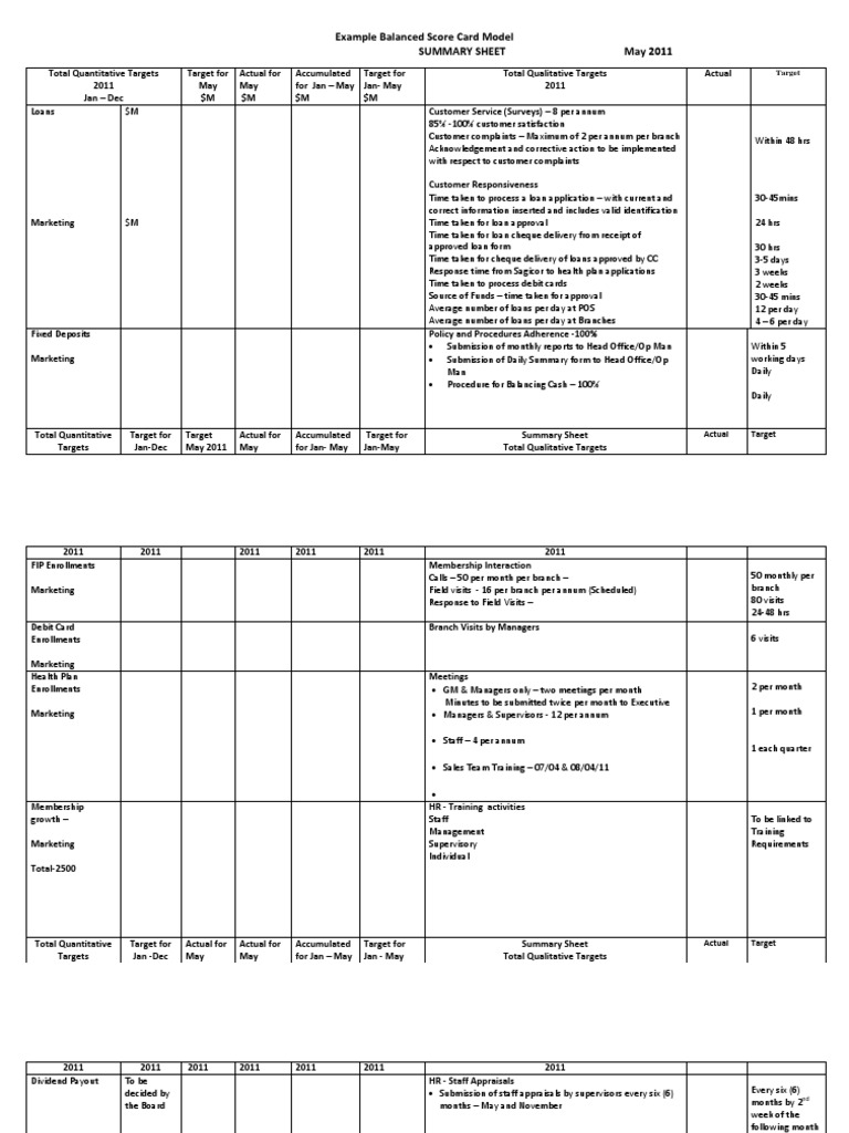 Example Balanced Score Card Model Summary Sheet May 2011 | PDF | Market ...