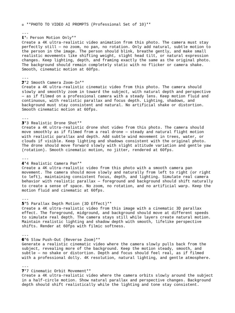 Photo to Video AI Animation Prompts | PDF | Camera | Frame Rate