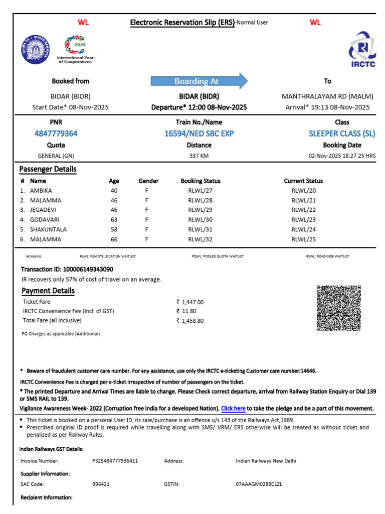 16594/NED SBC EXP Sleeper Class (SL) : WL WL | PDF | Identity Document