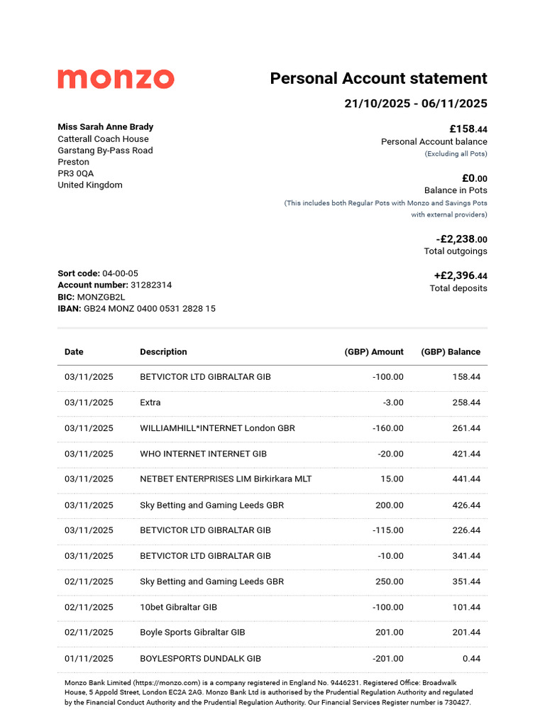 Monzo - Bank - Statement - 2025 10 21 2025 11 06 - 6842 | PDF | Deposit ...