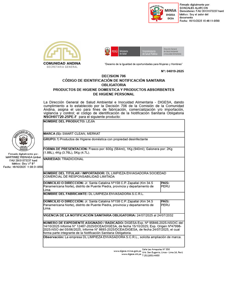 Nso 04819-2025 + Informe 12487-2025-Dcea-digesa Exp 95846-2025-Nsoic, Dl Limpieza Envasadora ...