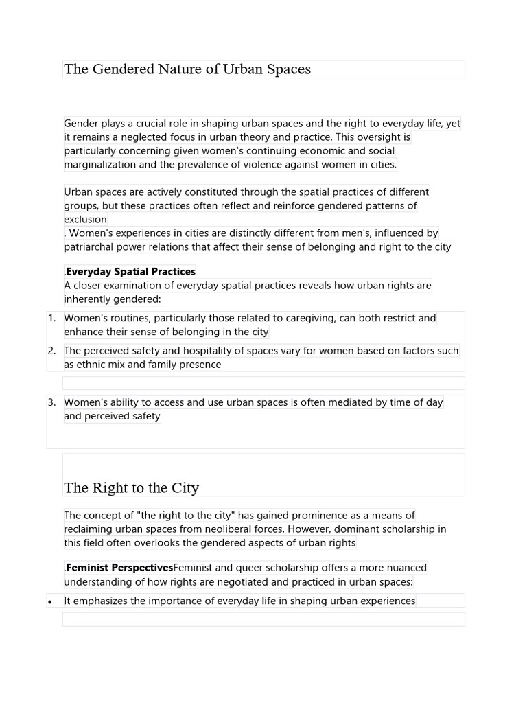 Gendered Dynamics in Urban Spaces | PDF | Gender | Gender Studies