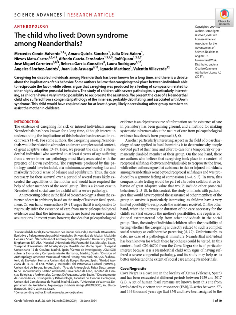 Conde Etal 2024 ScAd 10 Down Syndrome Among Neanderthals | PDF | Ear ...